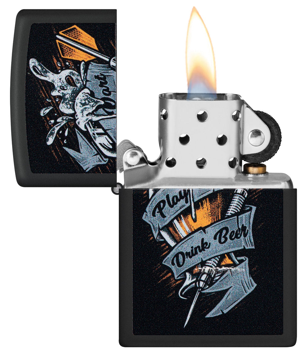 Front shot of Zippo Darts Design Black Matte Windproof Lighter standing ...