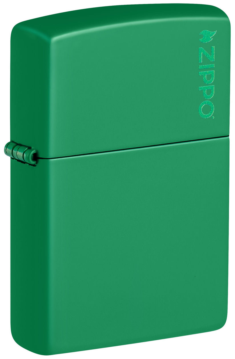 Front view of Zippo Grass Green Matte Zippo Logo Classic Windproof Lighter standing at a ¾ angle ...