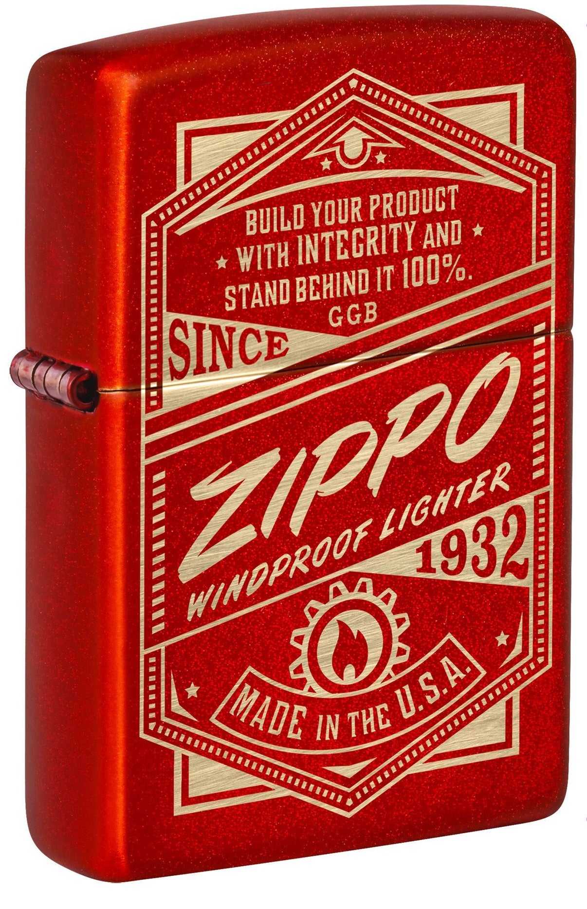 Front shot of Zippo It Works Design Metallic Red Windproof Lighter standing at a 3/4 angle ...